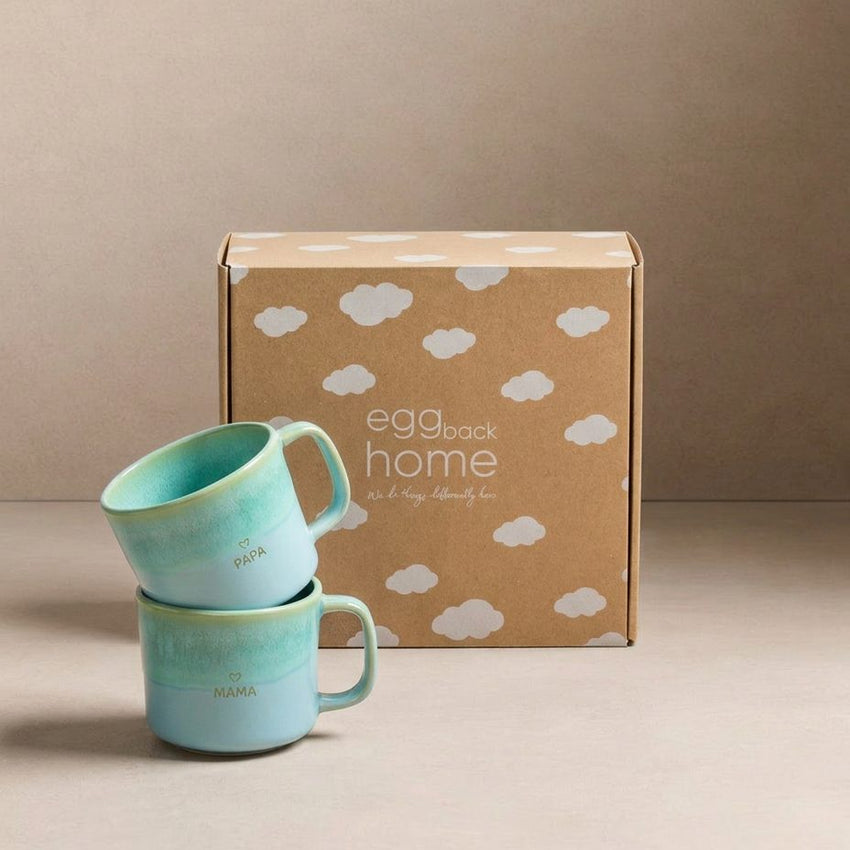 Green 2 Mugs Set Mama & Papa in stoneware ceramic Egg Back Home